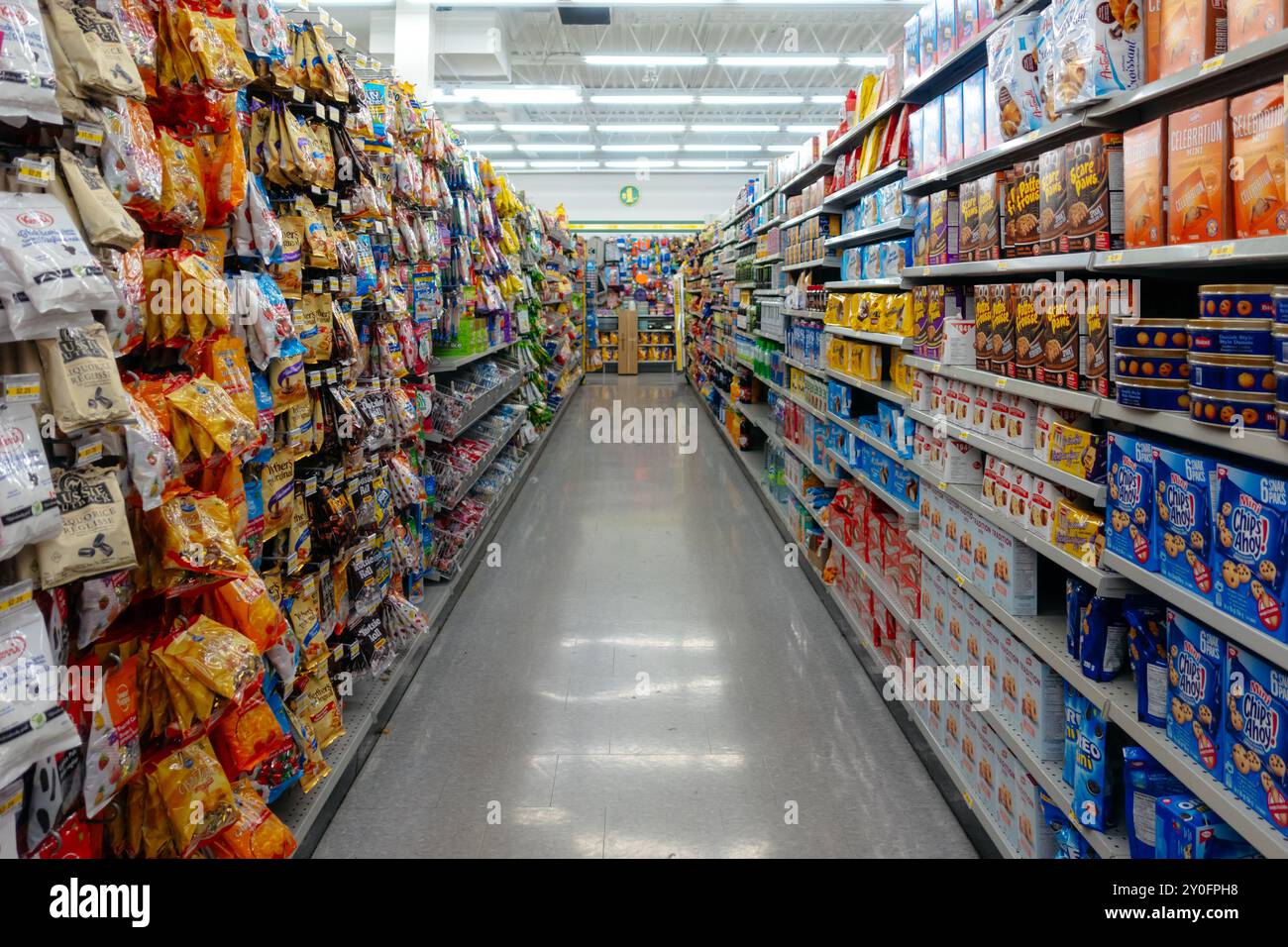 Empty aisle inside a dollar store, lined with shelves stocked with junk ...
