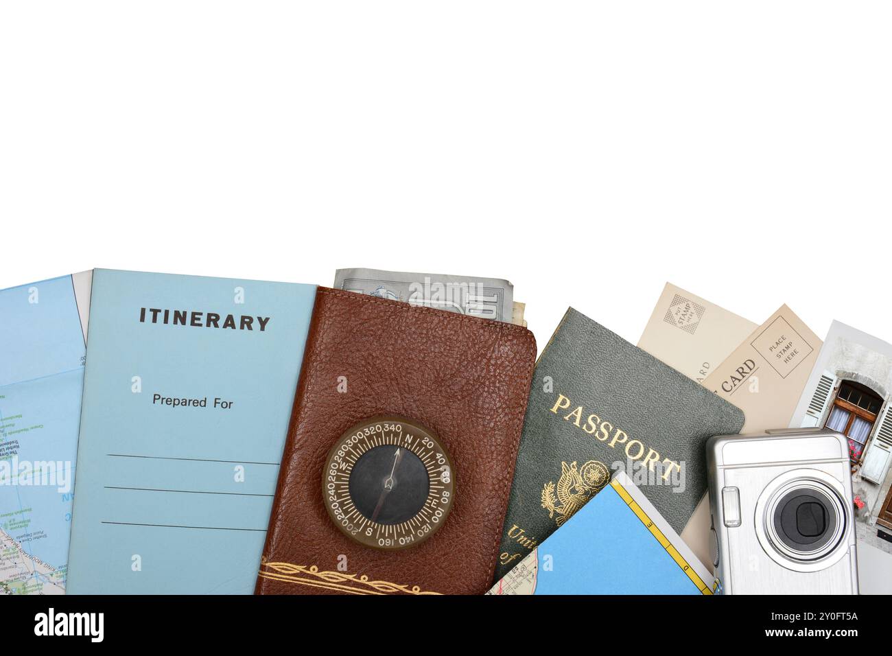 Flat lay display of travel documents and accessories, passport, camera ...