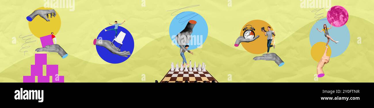 Creative trend collage panorama of puzzle collect chess playing ...