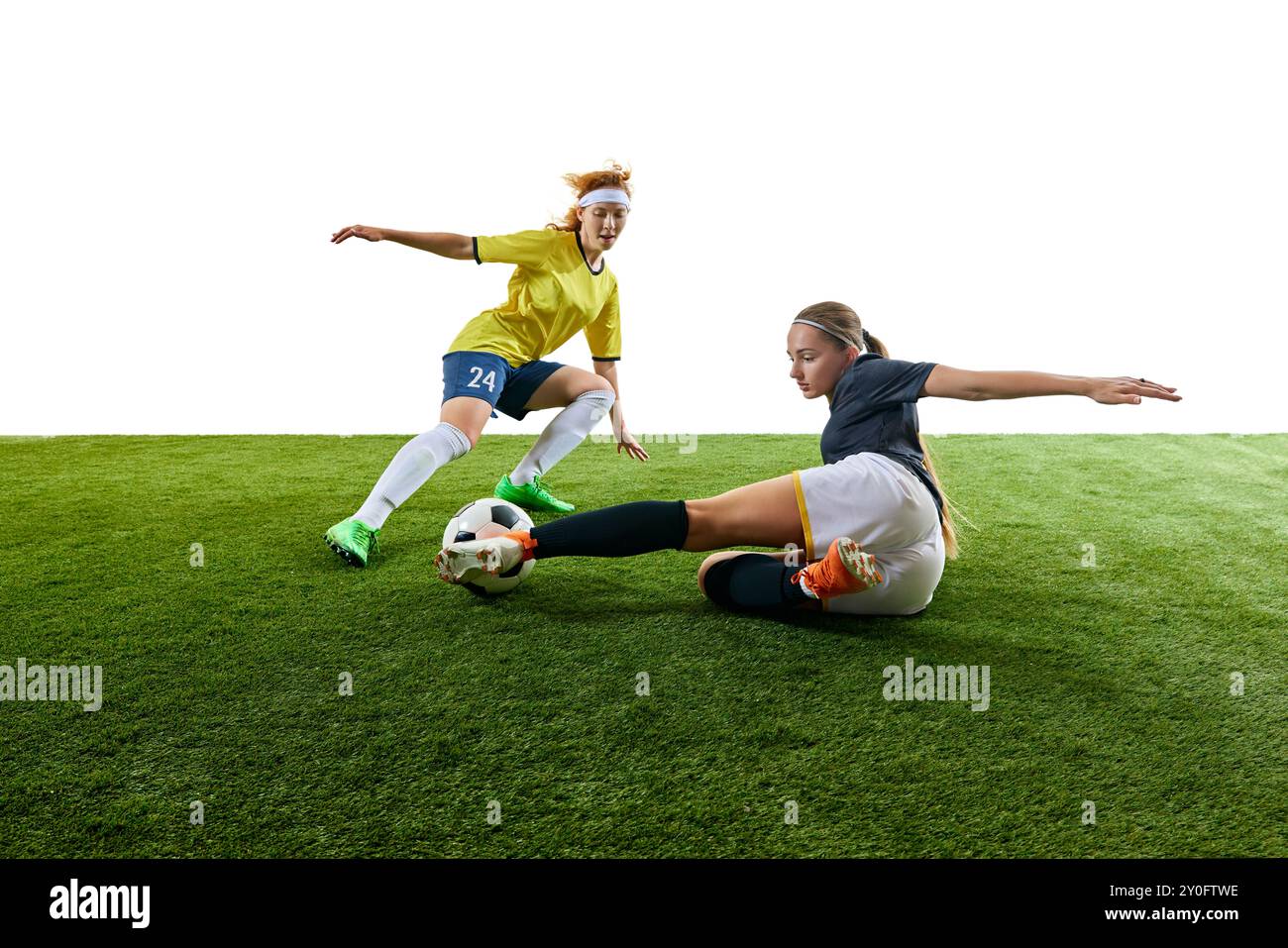Young athletic woman, mid-20s, executing powerful flying kick towards ...
