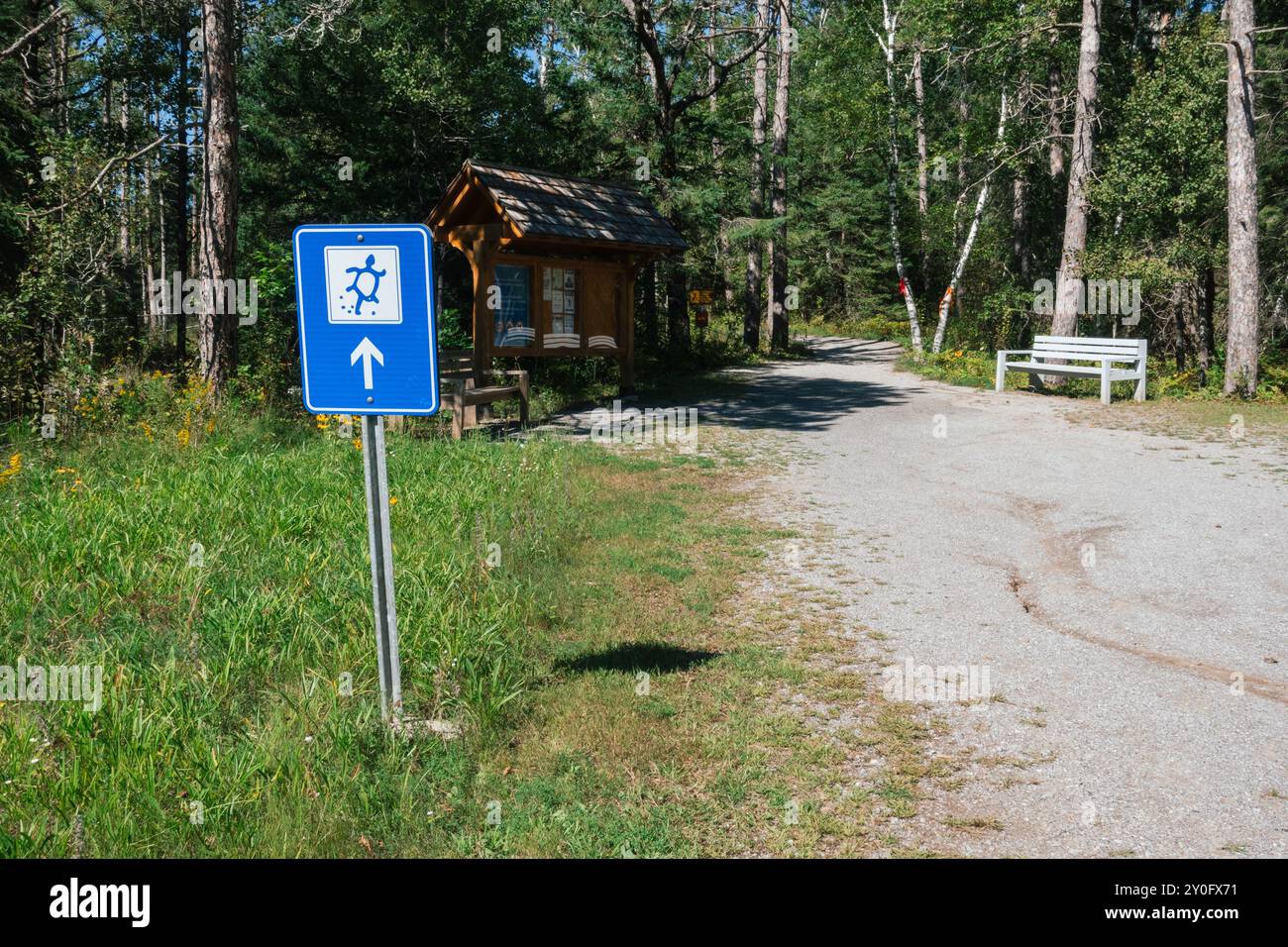 A sign leading to Indigenous pictographs in Petroglyphs Provincial Park ...