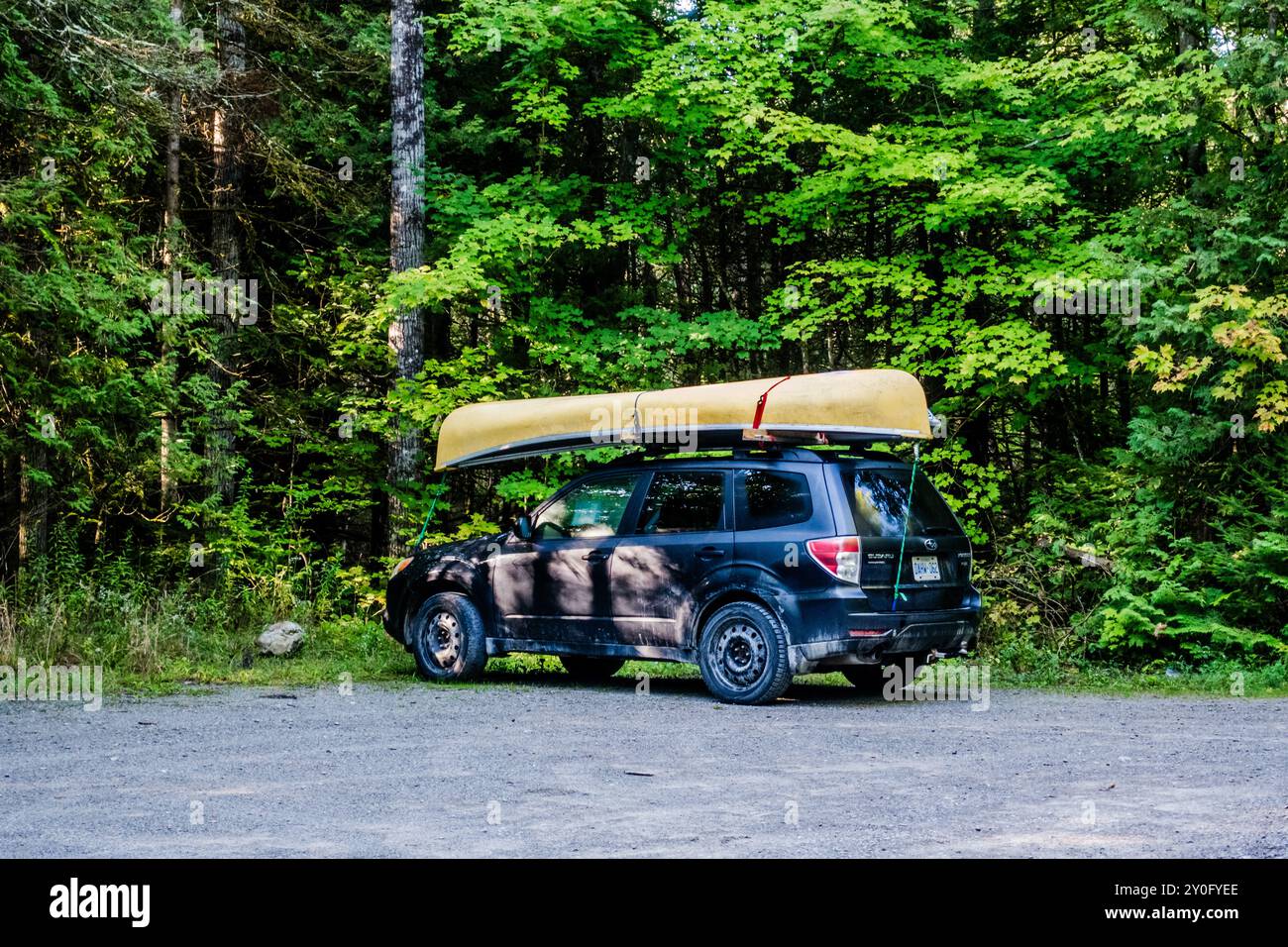 Black car with a wooden canoe mounted on top, parked in front of a ...