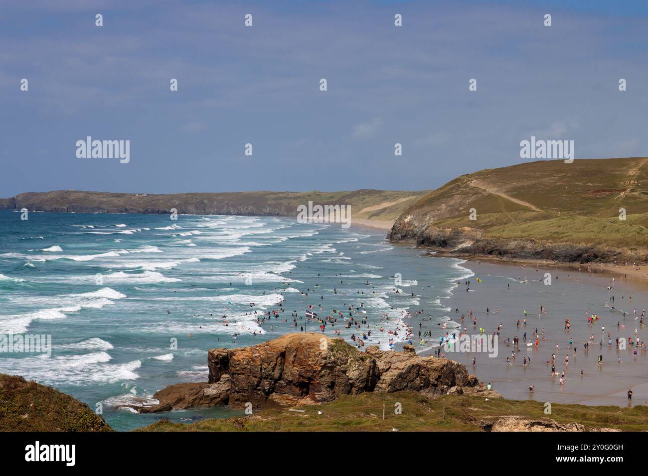Perranporth Beach in Cornwall on a busy summer day in the school ...