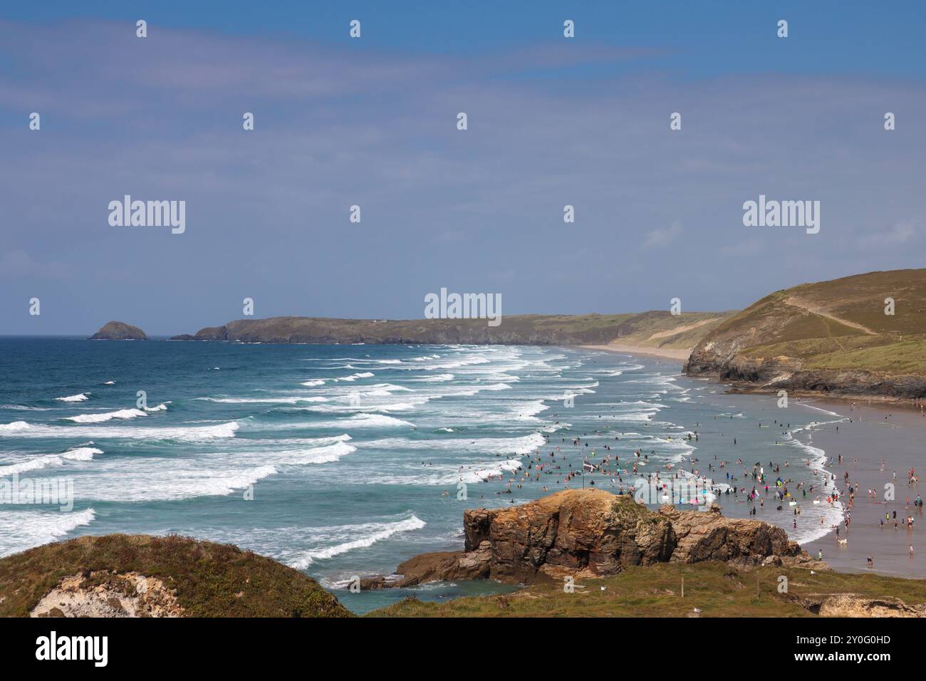 Perranporth Beach in Cornwall on a busy summer day in the school ...