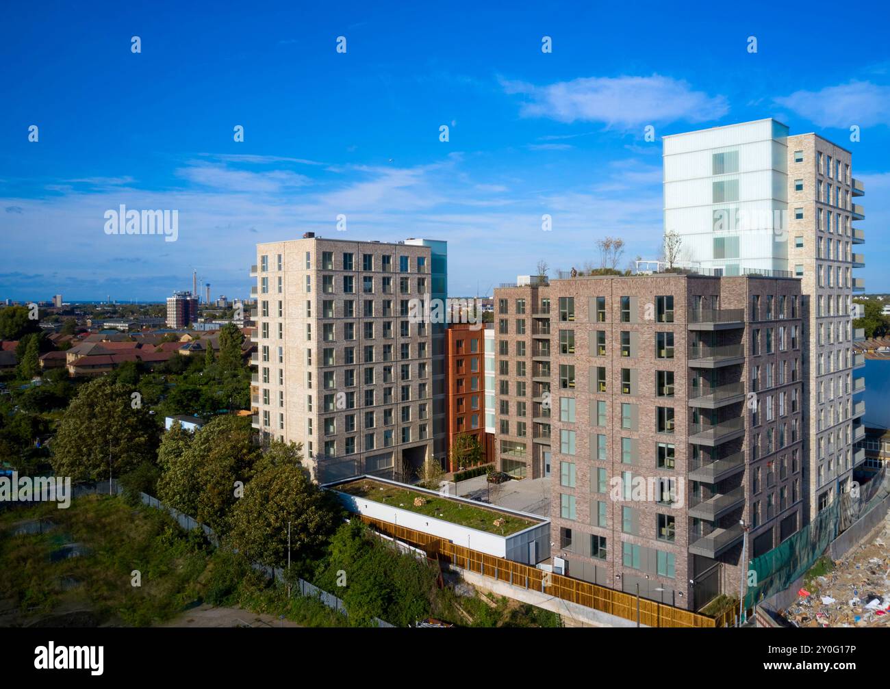 Apartment blocks of varying heights. Osier Way, London, United Kingdom ...