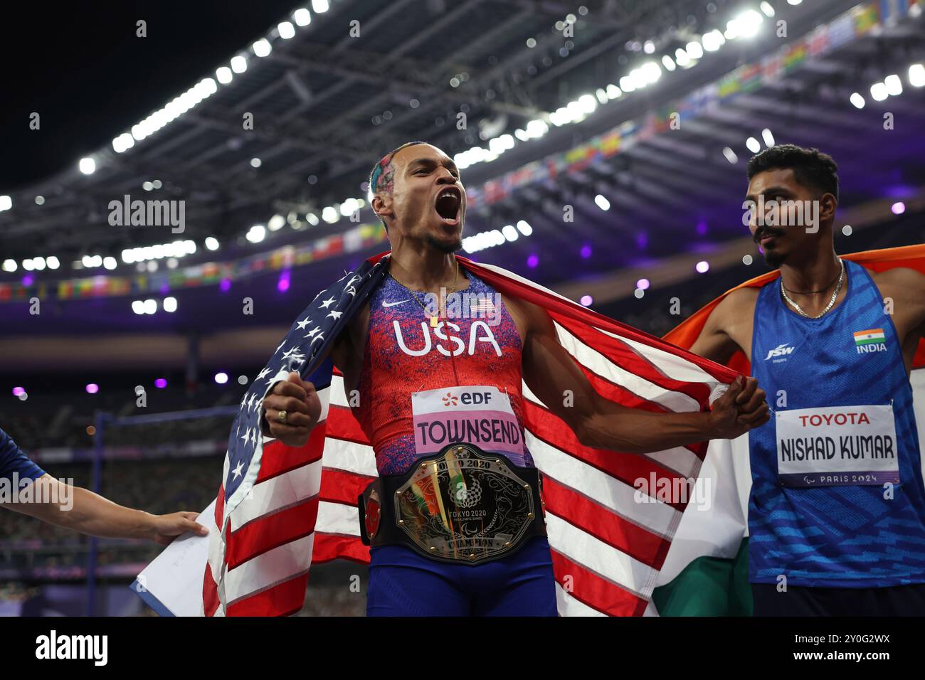 Roderick Townsend celebrates after winning in the T47 Men's High Jump ...
