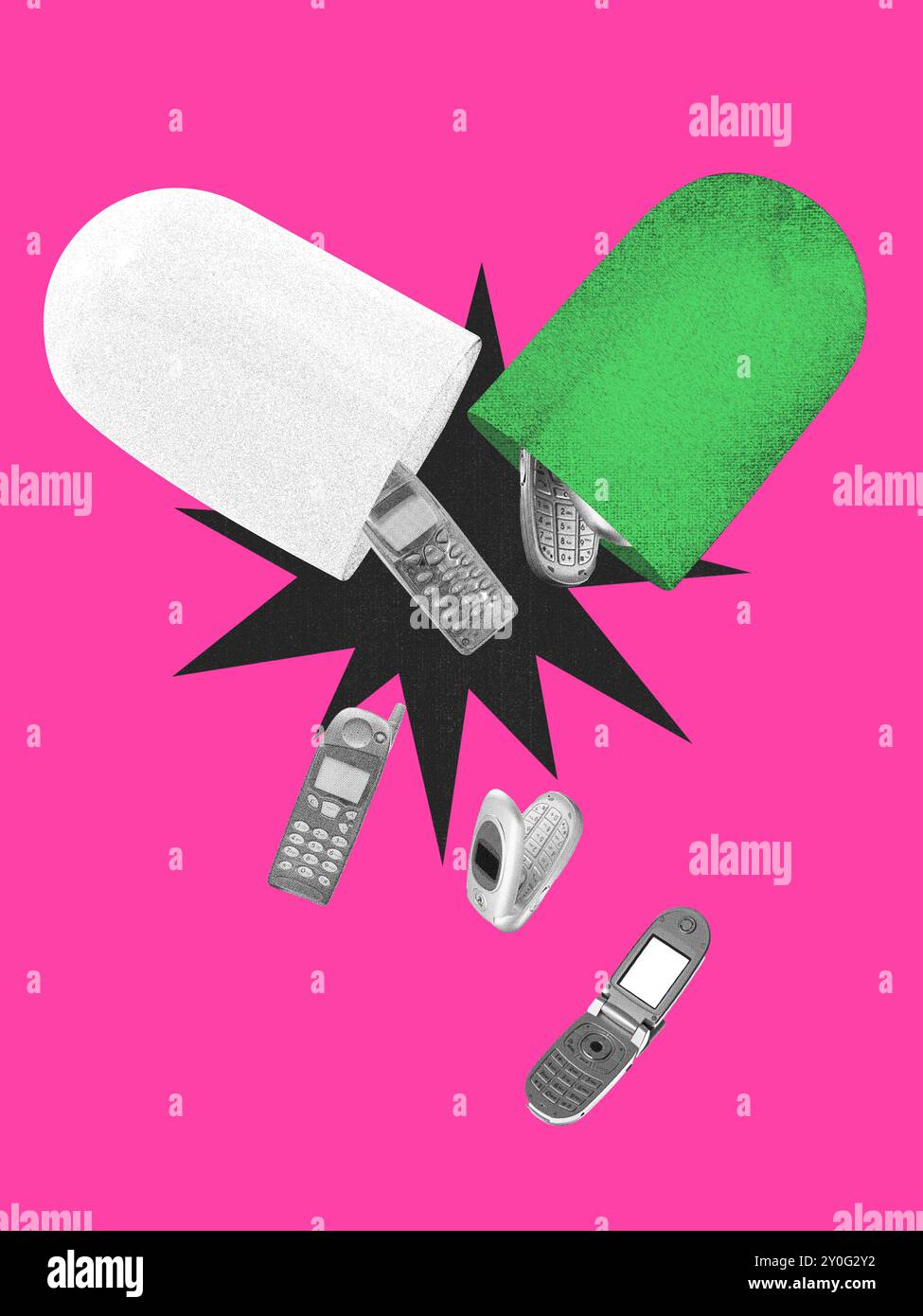 Contemporary art collage. Modern art collage. A tablet with phones ...