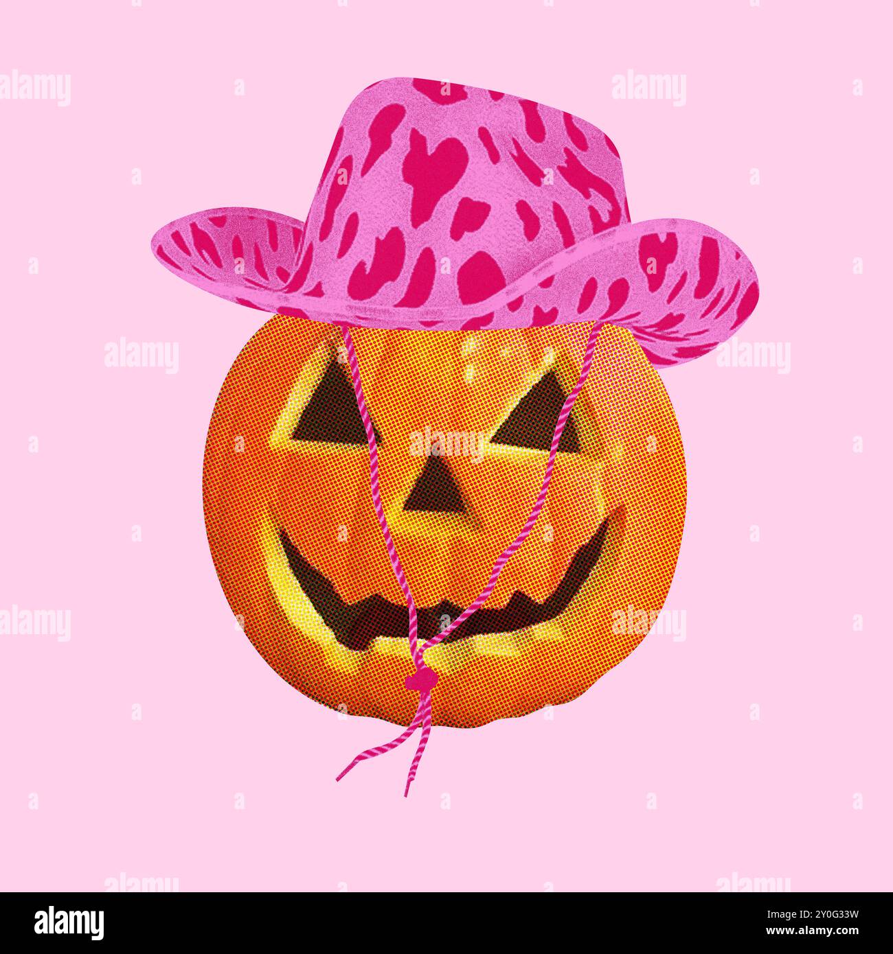 Modern Halloween collage, pumpkin wearing pink cowboy hat with spotted ...