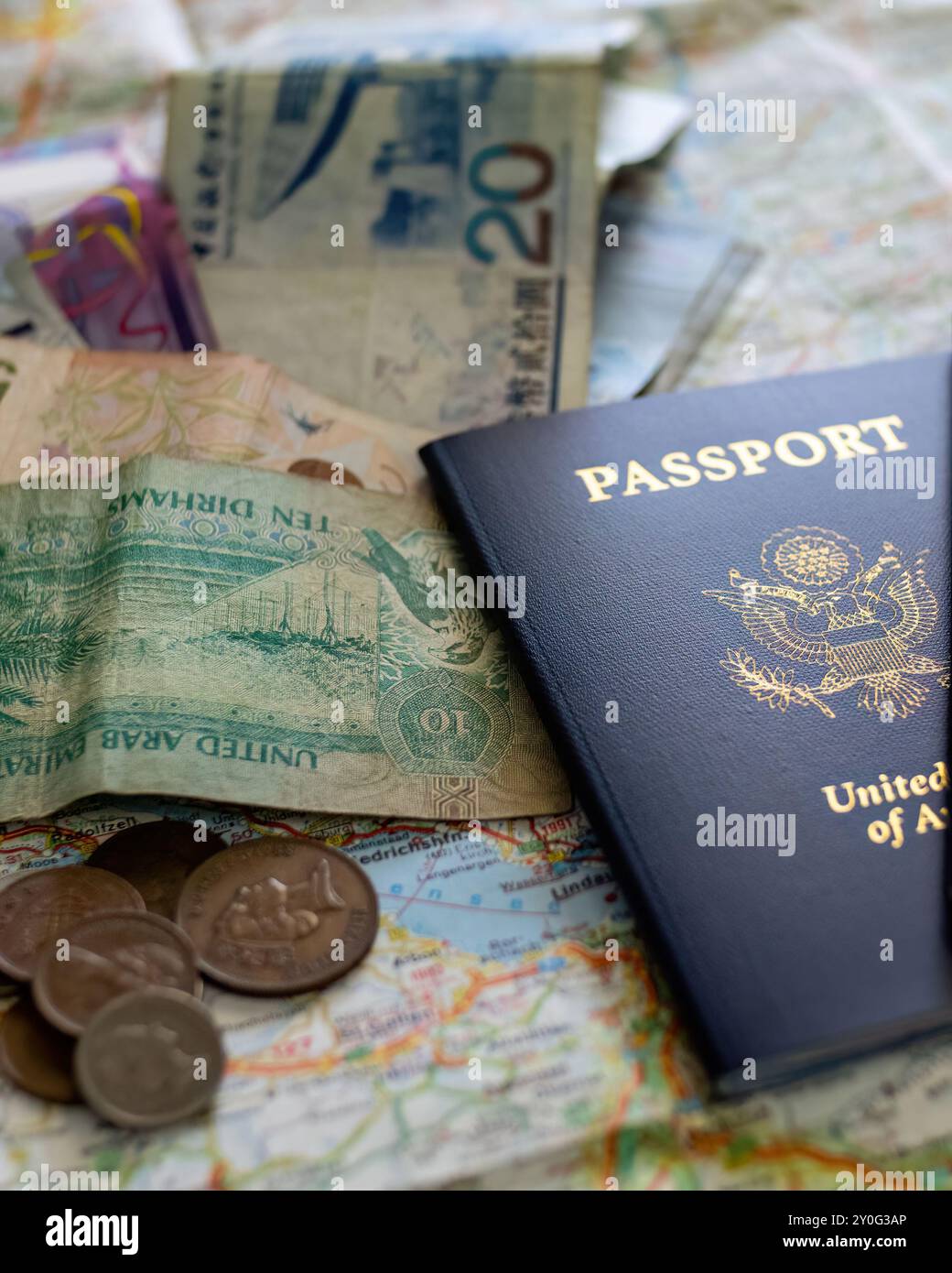 American Passports on Street Map with Foreign Currency Stock Photo - Alamy