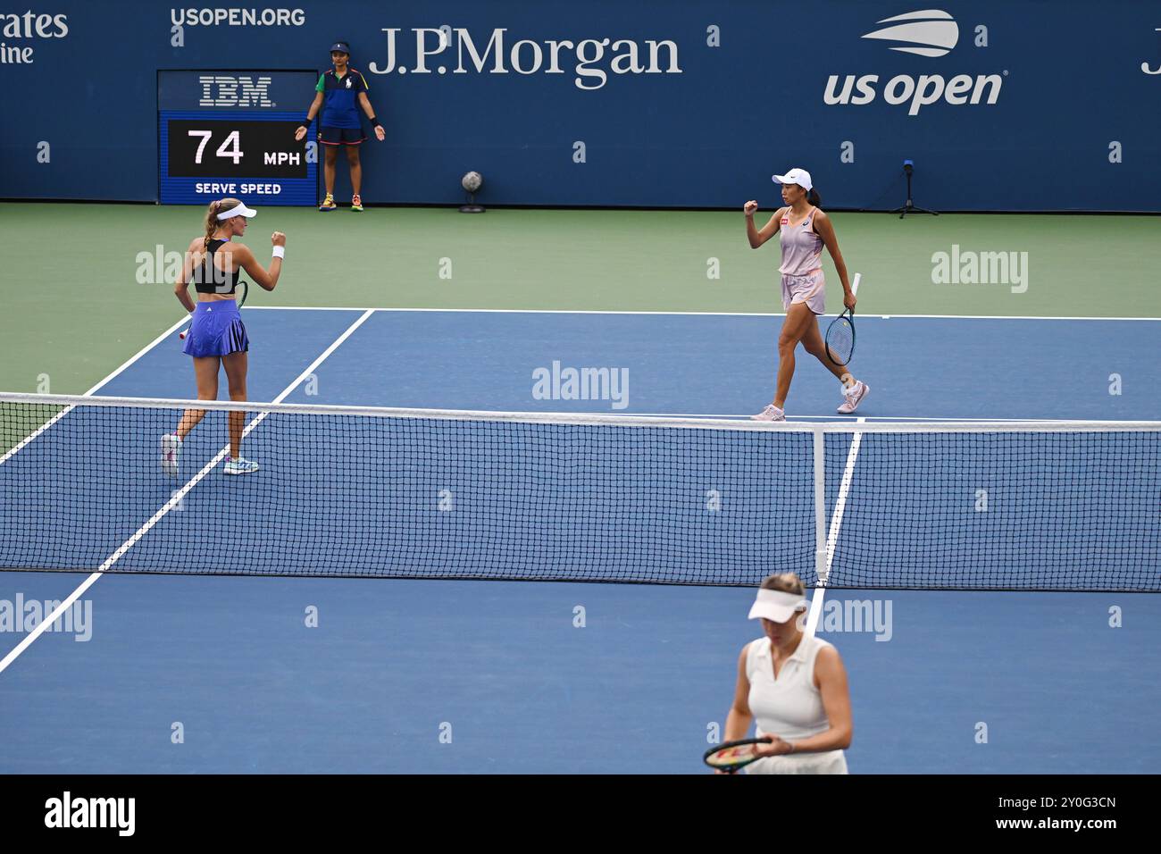 New York, USA. 1st Sep, 2024. Zhang Shuai (R)/Kristina Mladenovic celebrate scoring during the ...