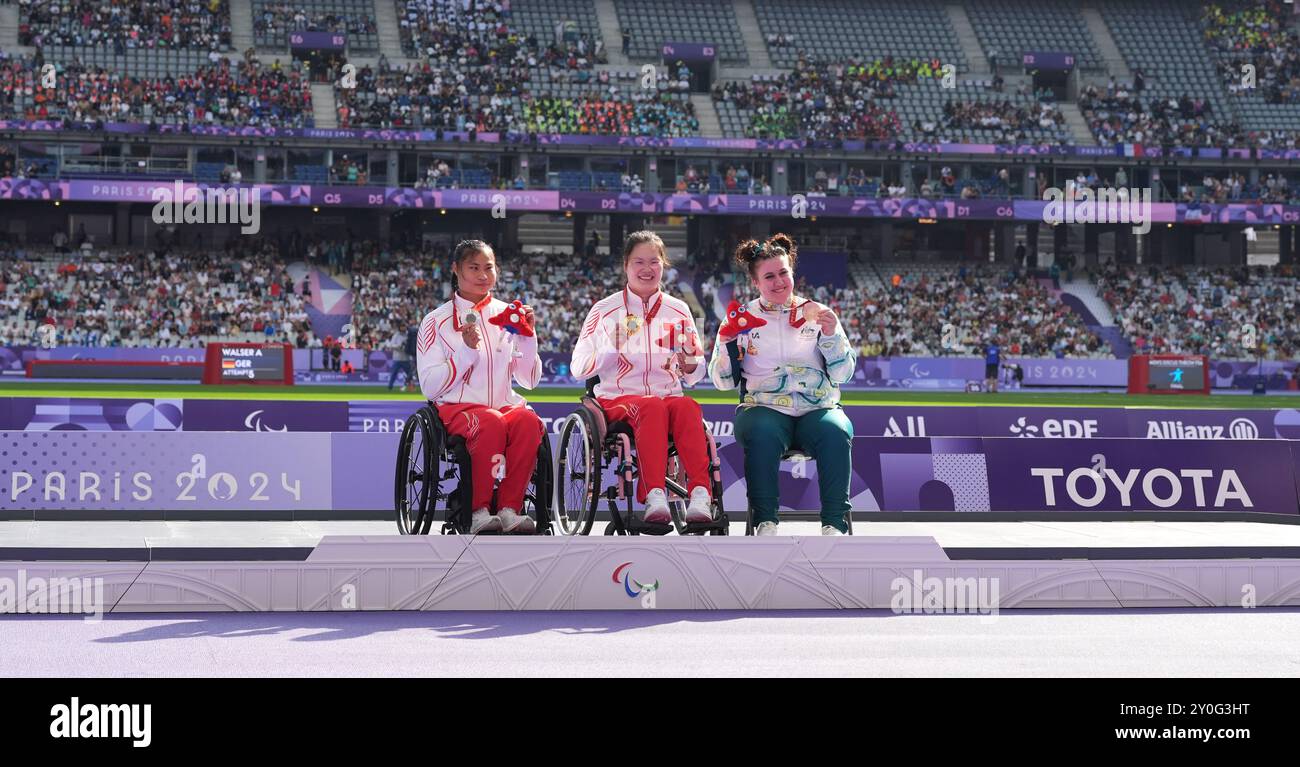 Paris, France. 2nd Sep, 2024. Gold medalist Zou Lijuan (C) and silver ...