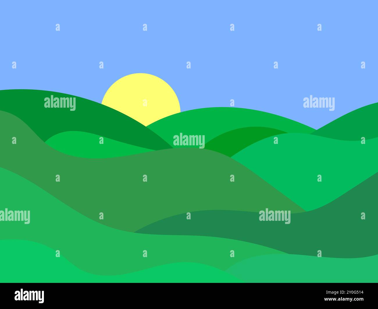 Wavy landscape with green hills and the sun on the horizon. Dawn with ...