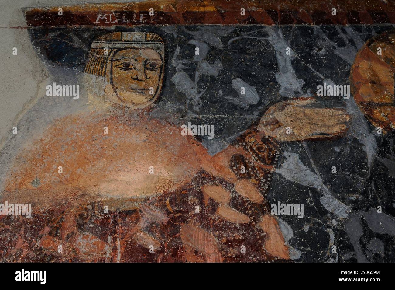 Medieval woman in headdress with chin-strap. Detail from a damaged ...