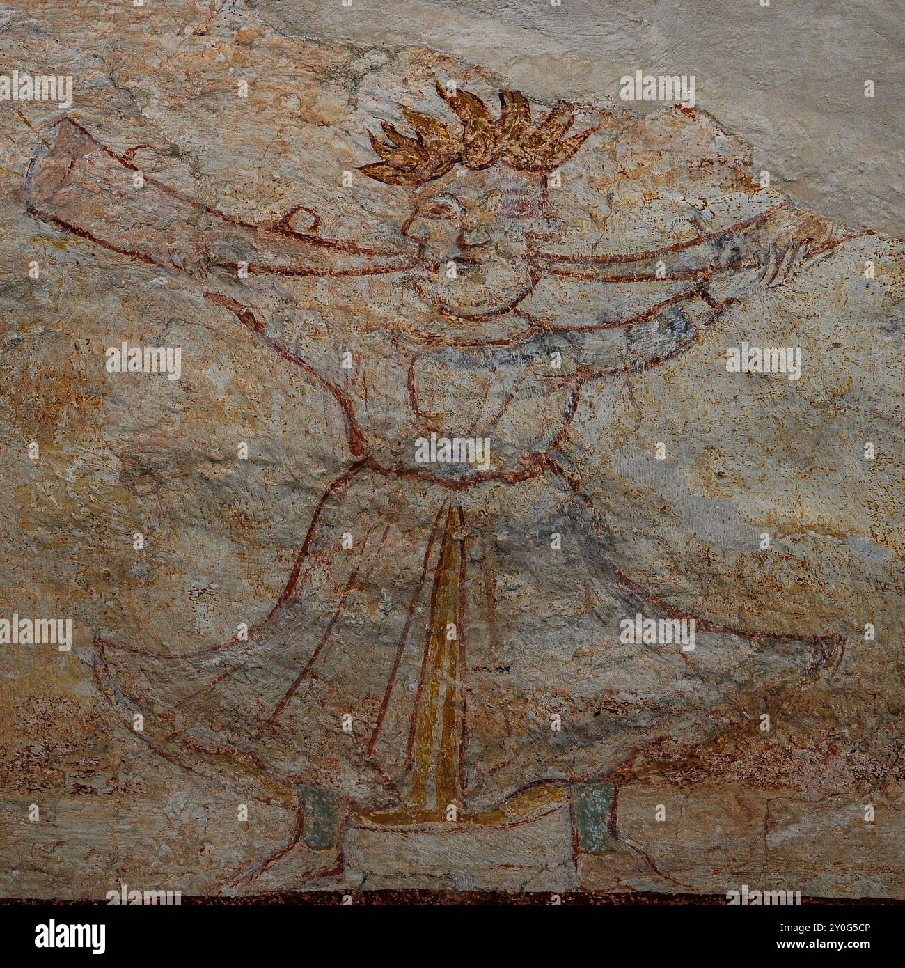 Man with three faces blows two horns simultaneously. Illustration ...