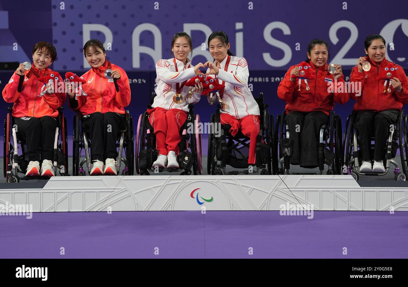 Paris, France. 2nd Sep, 2024. Gold medalists Liu Yutong (3rd R)/Yin ...