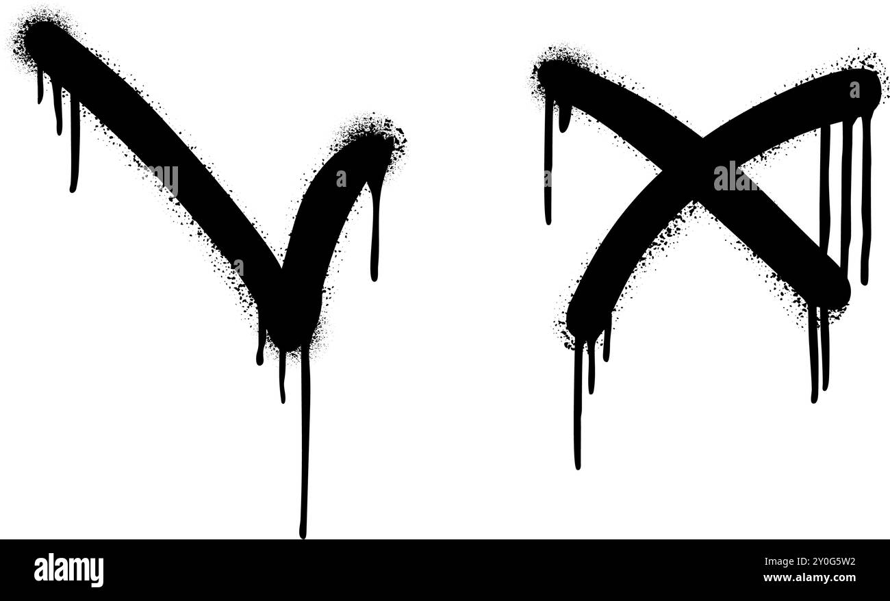 Spray painted cross and tick marks graffiti set. Signs yes and no brush ...