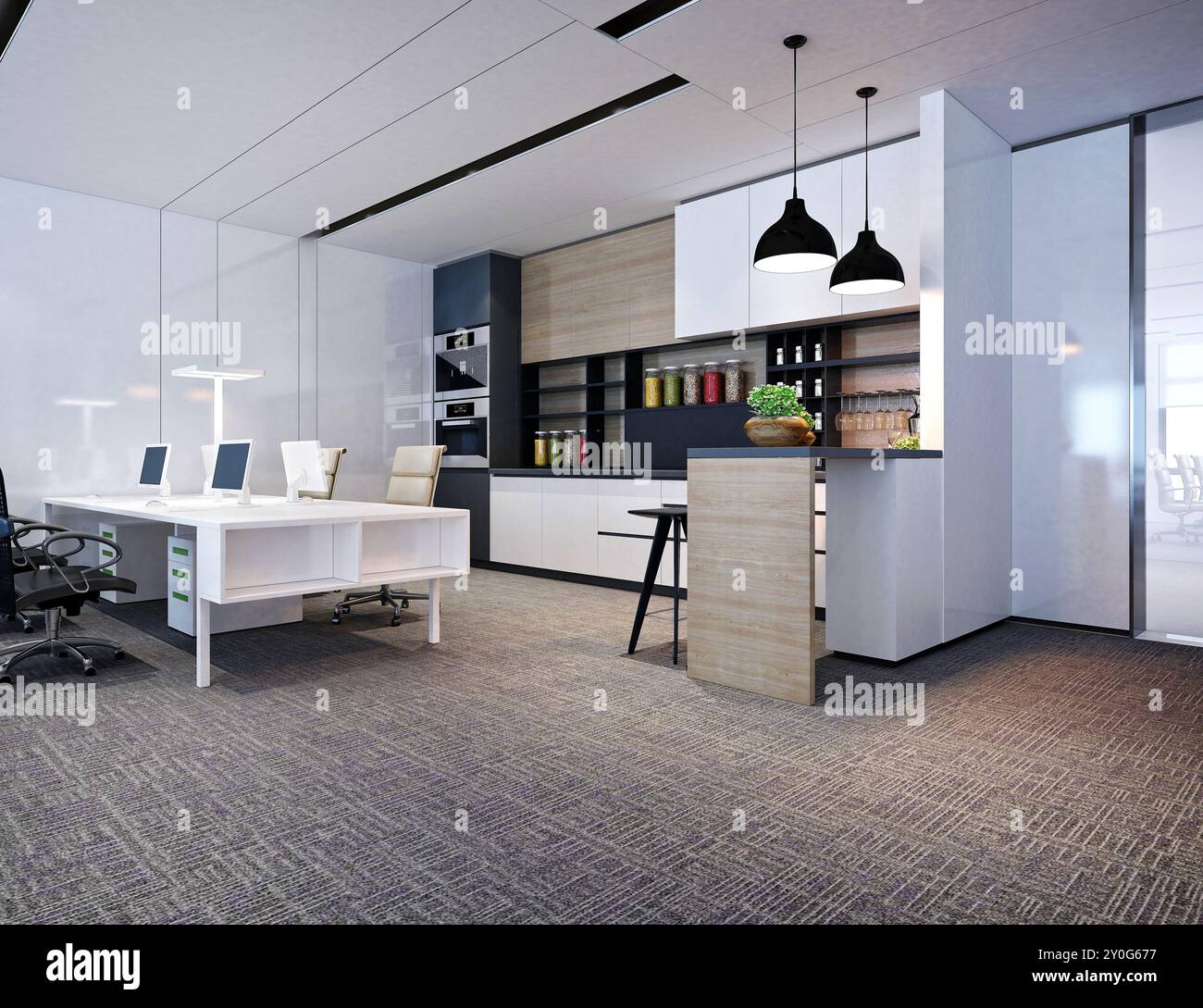 3d render modern working office interior Stock Photo - Alamy