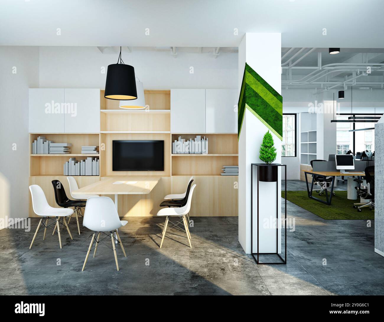 3d render modern working office interior Stock Photo - Alamy