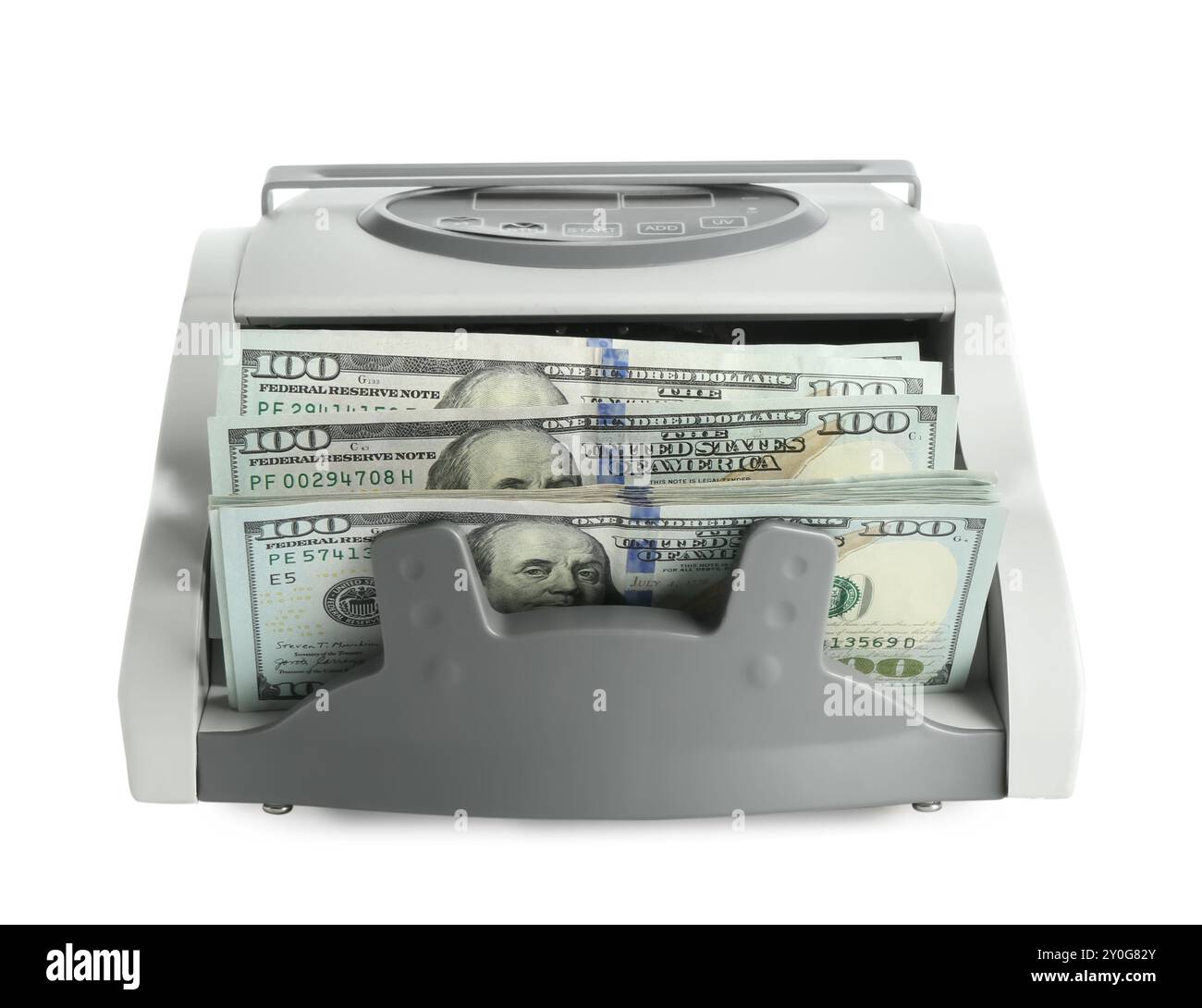 Money counter machine with dollar banknotes isolated on white Stock ...