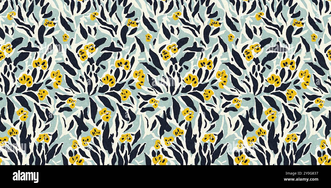 Modern printed fabric flower block print pattern with linen texture ...