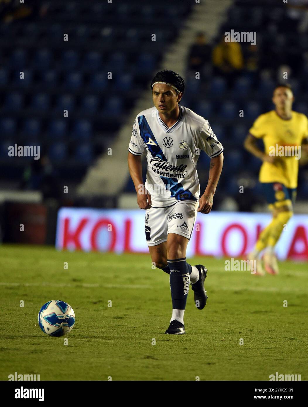 MEXICO CITY, MX - AUGUST 24: Club Puebla defender Raul Castillo brings down a ball during game ...