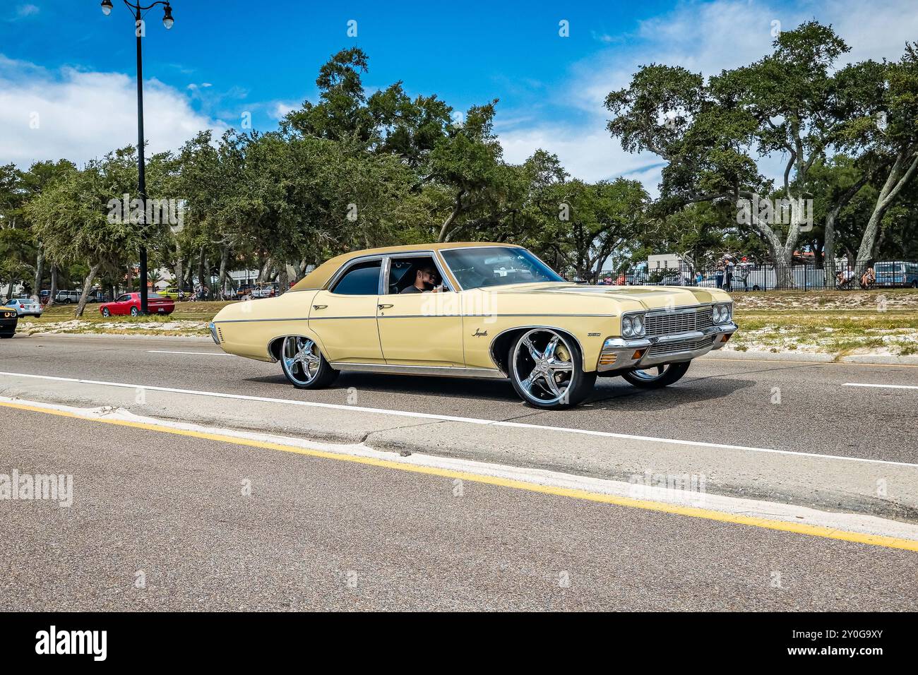 Gulfport, MS - October 07, 2023: Wide angle front corner view of a 1970 ...