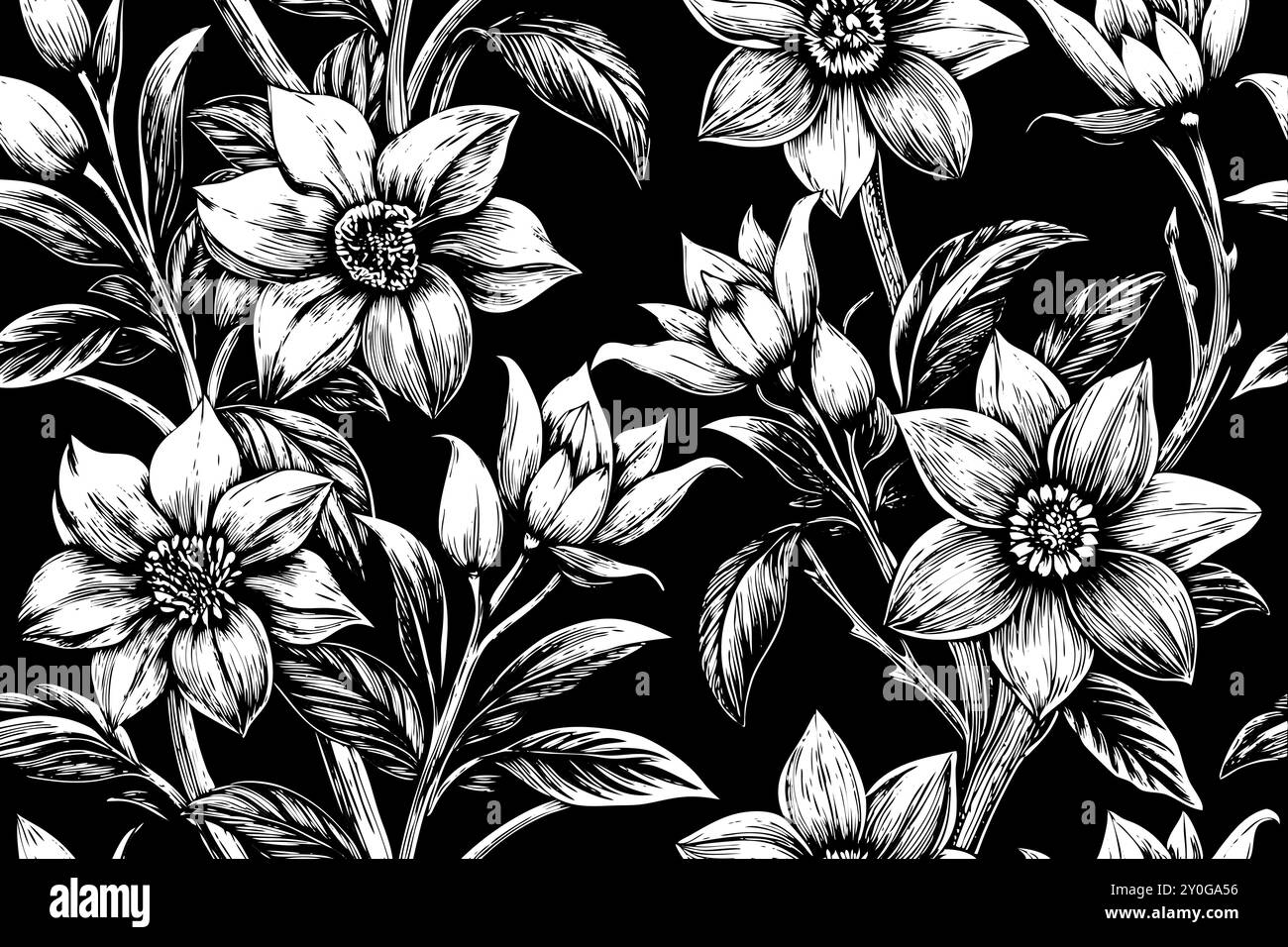 Floral Black and White Flower Line Work Pattern Textile Background ...