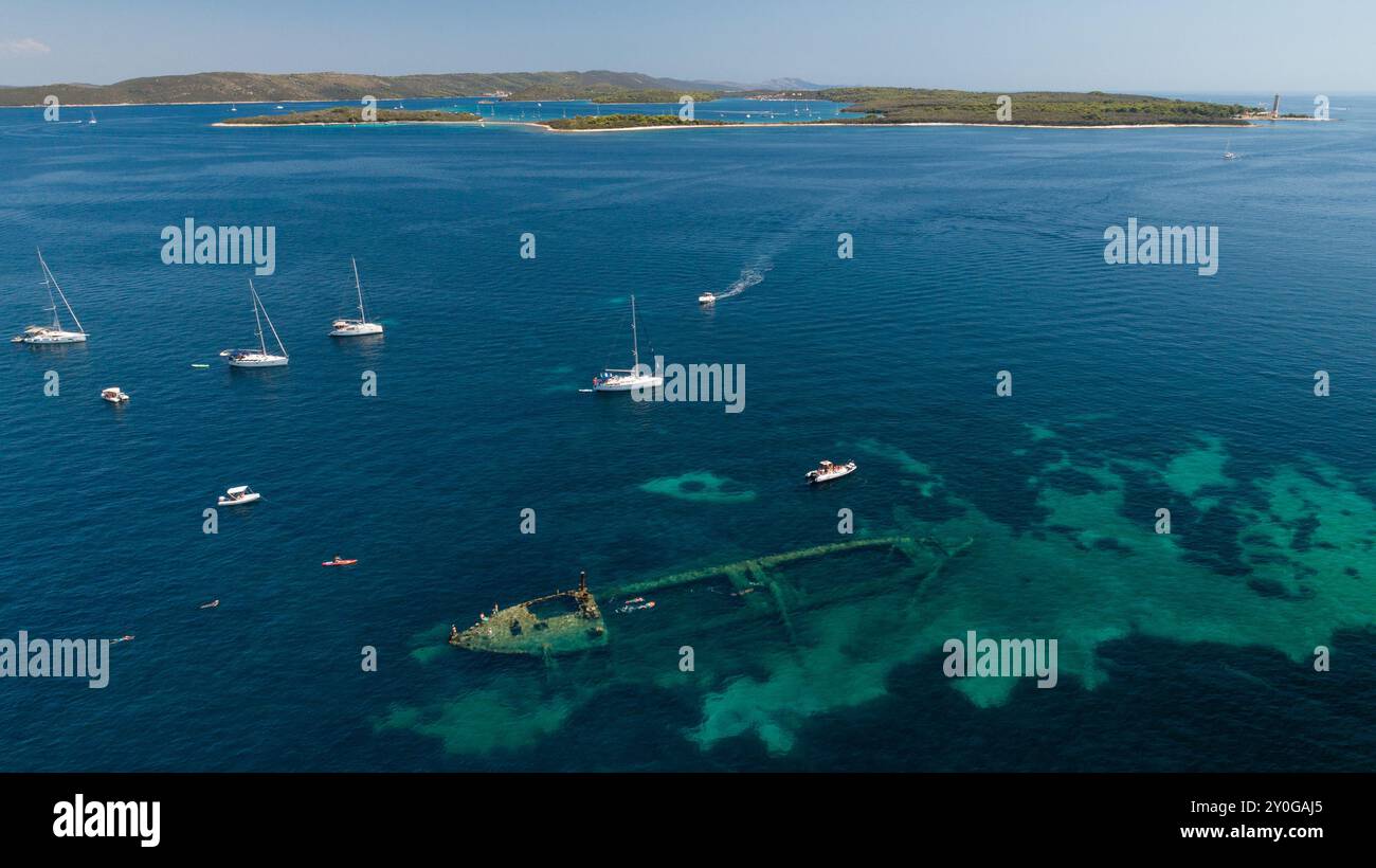 Aerial view of shipwreck Michelle near the island Dugi otok in Adriatic ...
