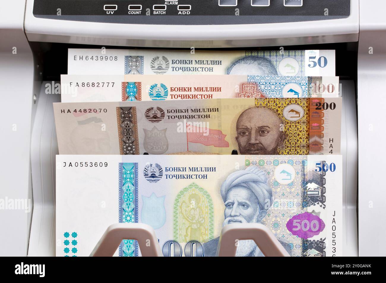 Tajikistani money - somoni in the counting machine Stock Photo - Alamy