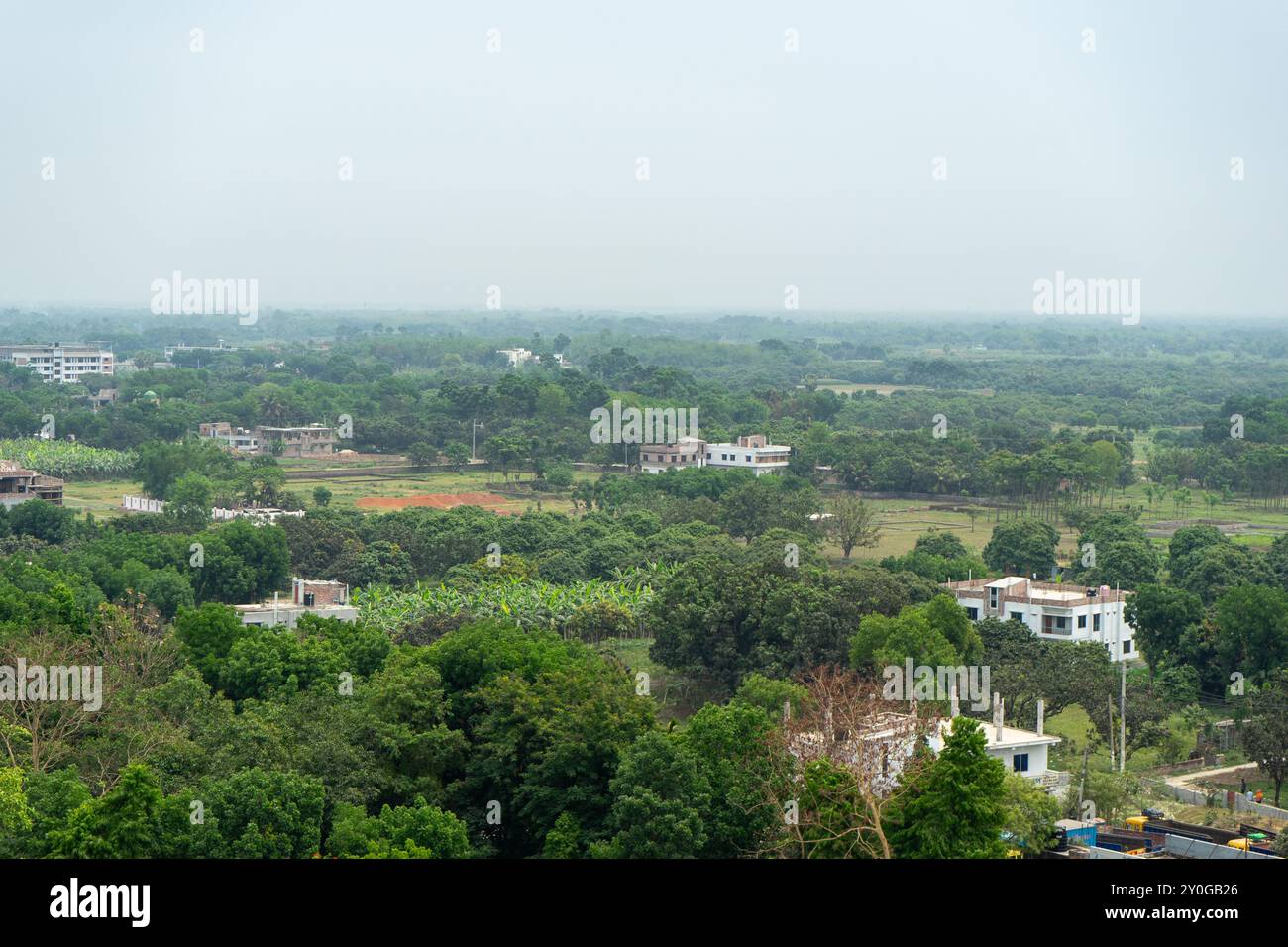 Aerial view of lush green landscape with scattered buildings and trees ...