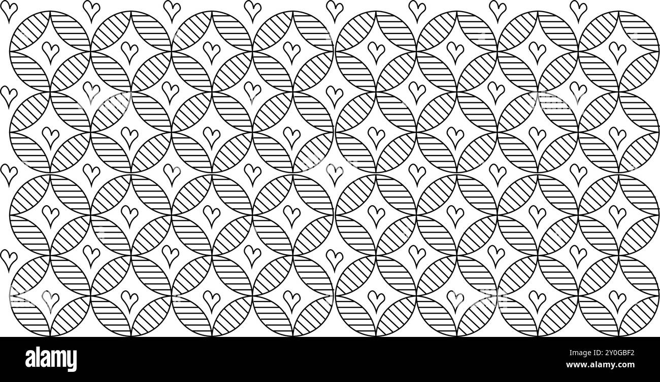 Black and white geometric pattern. Pattern of hearts, circles, diagonal ...