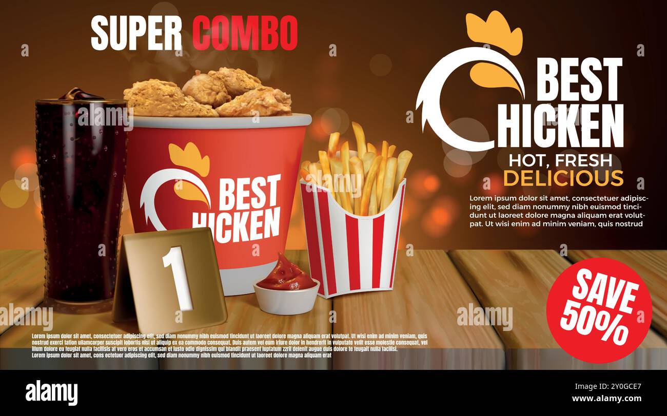 Fried chicken poster. Fast food background, Basket of crispy wings. Hot ...