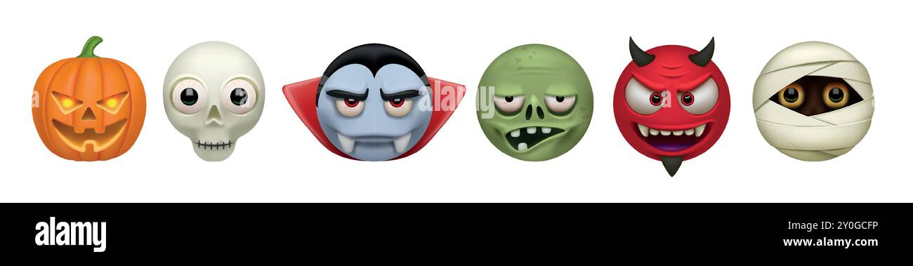 Halloween emoji. Monster smile faces. 3D zombie and demon emoticons ...