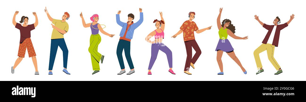 Dancing people. Fun music woman and men in headphones, happy person ...