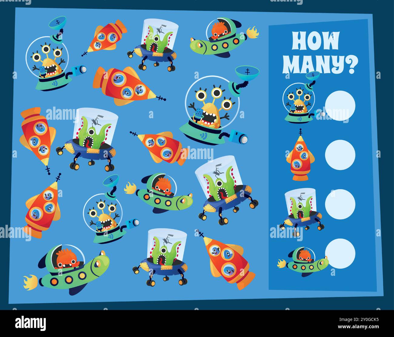 Aliens with spacecraft. How many space rockets. Preschool kids ...