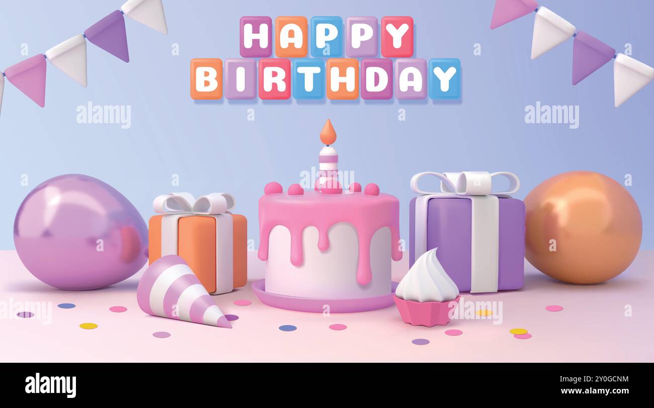 Happy birthday cake. Banner card with celebrate balloon and text, fun ...