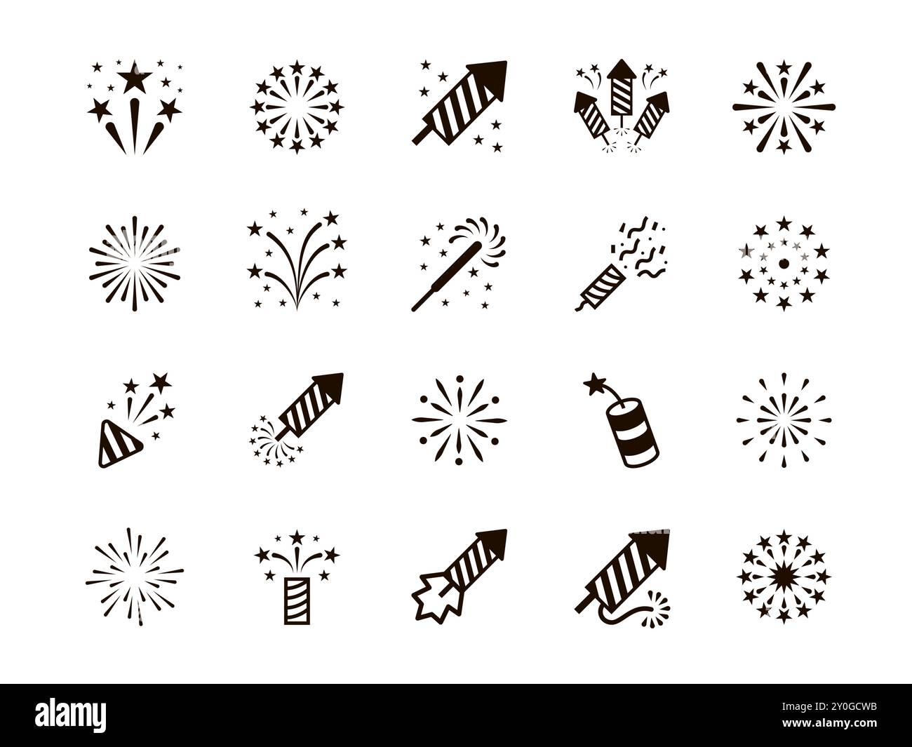 Firework icons. New year line boom. Circle Chinese anniversary or ...