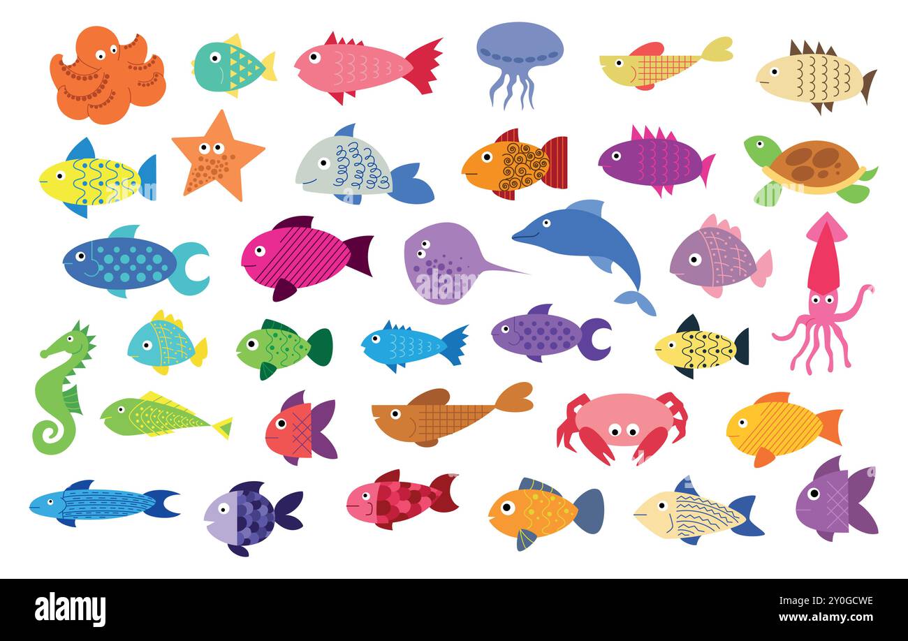 Cute fish set. Colorful different fishes, starfish, funny octopus and ...