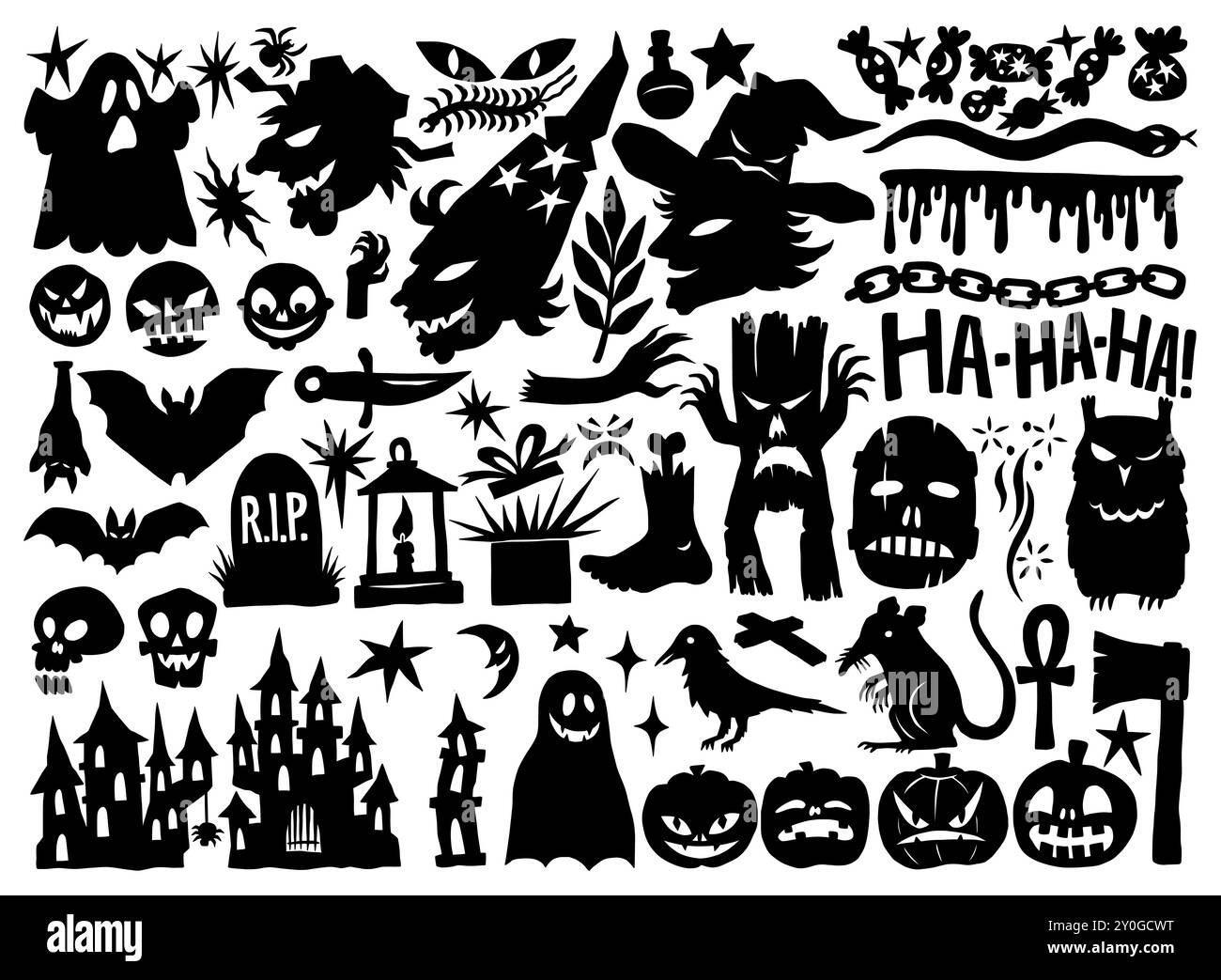 Halloween icons. Black silhouette horror monsters. Spooky bat. Autumn ...