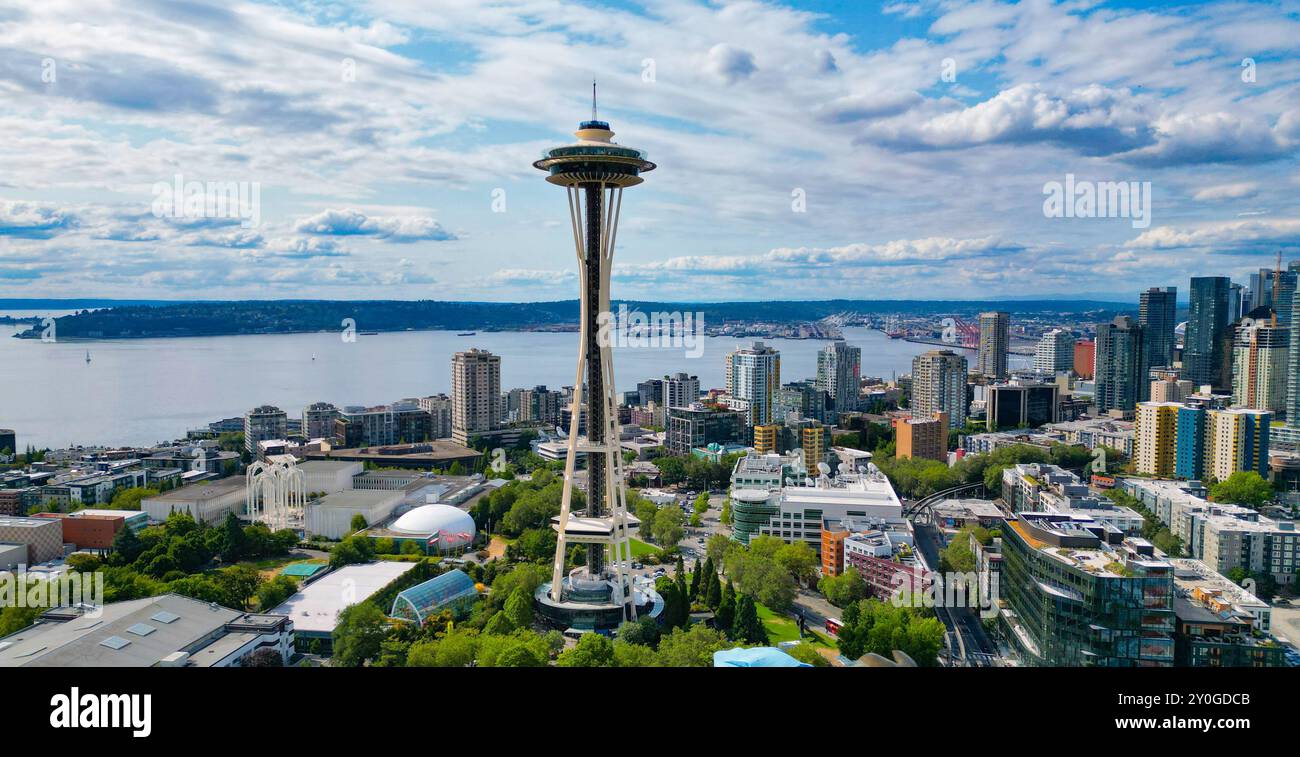 Modern Seattle district. Architecture of aerial Space needle. Aerial ...