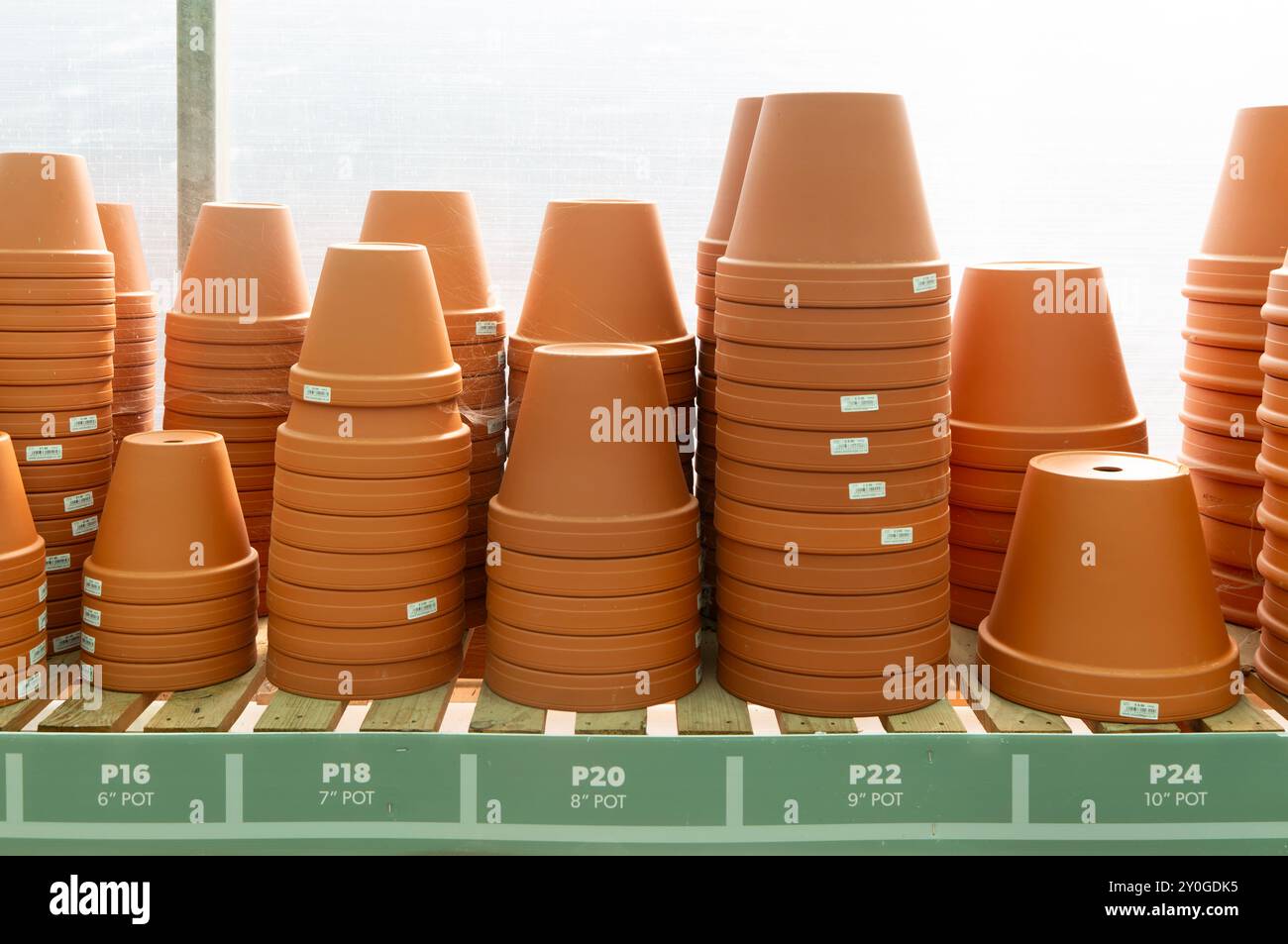 Variety of sizes of clay flower pots on display in at Swanns Nursery ...