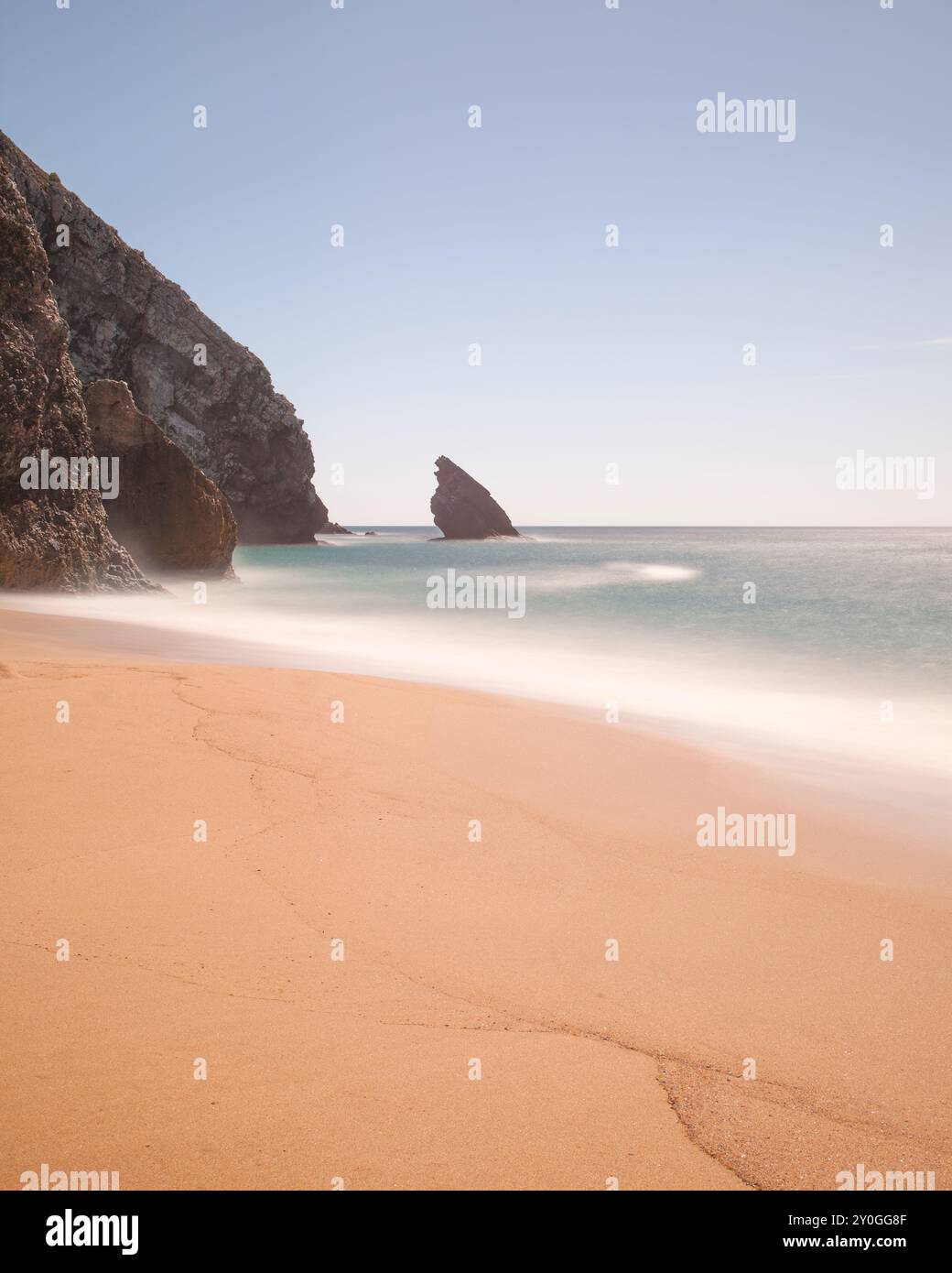 Adraga beach landscape and shark fin shaped rock, Atlantic ocean. Long ...