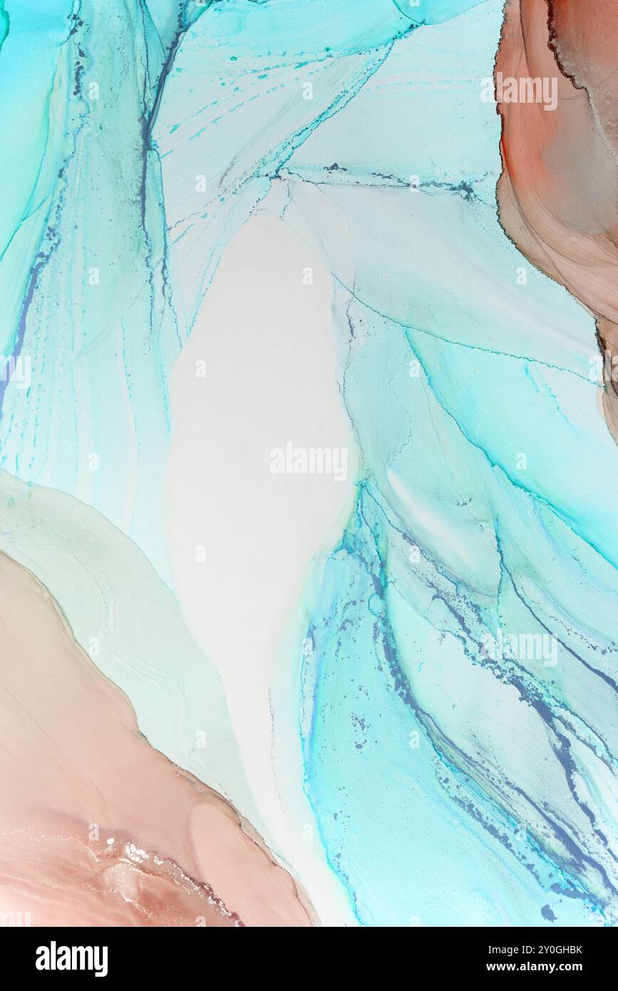 Abstract blue and peach marbled artwork with flowing patterns and ...