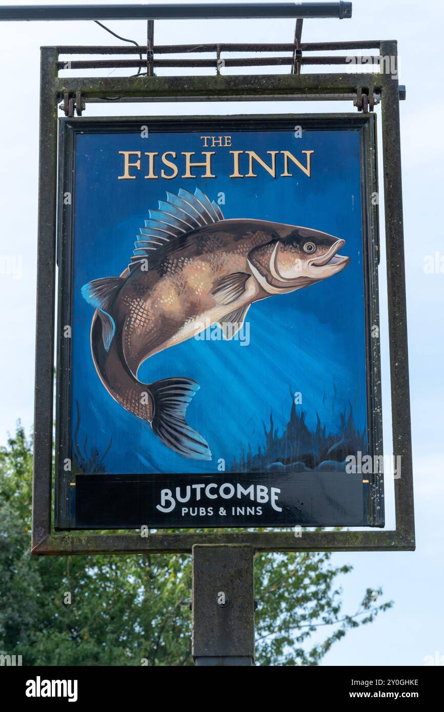The Fish Inn pub sign, a riverside pub in Ringwood, Hampshire, England ...