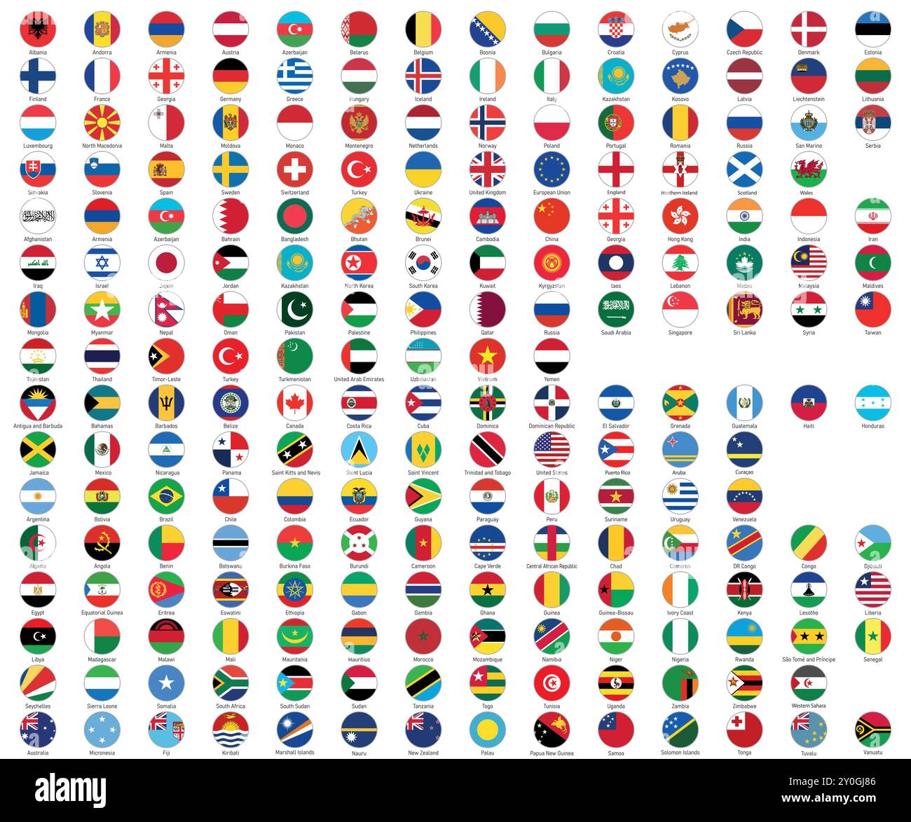 Collection of national flags presented as round icons on a gradient ...