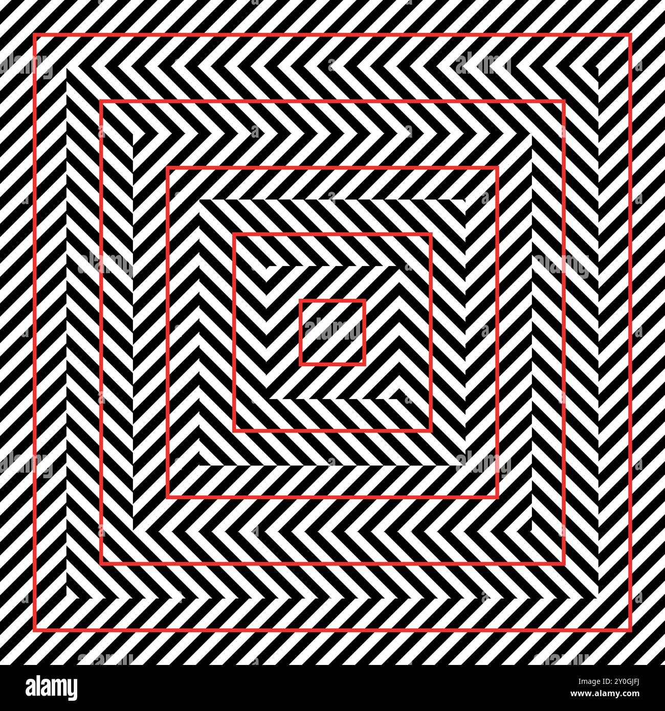 Black and white diagonal stripes with red squares create an optical ...
