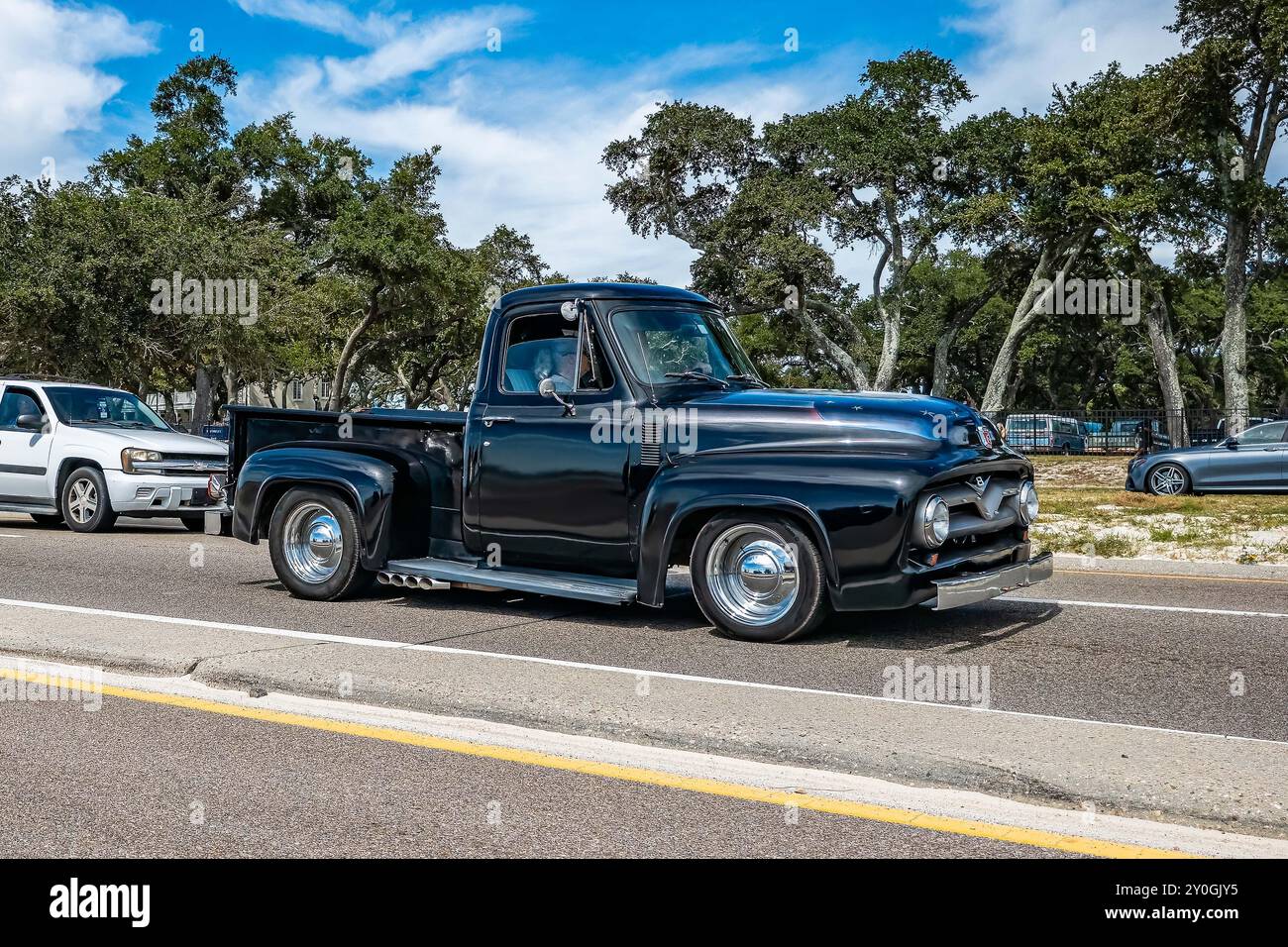Gulfport, MS - October 07, 2023: Wide angle side view of a 1955 Ford ...
