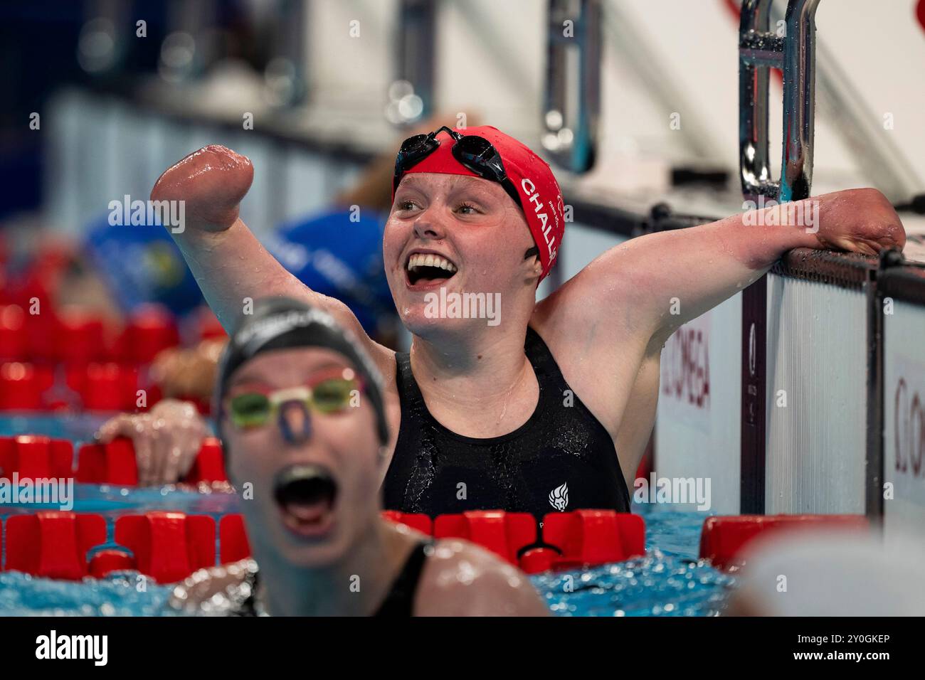 Paralympic athlete Ellie Challis, of Great Britain, celebrates after ...