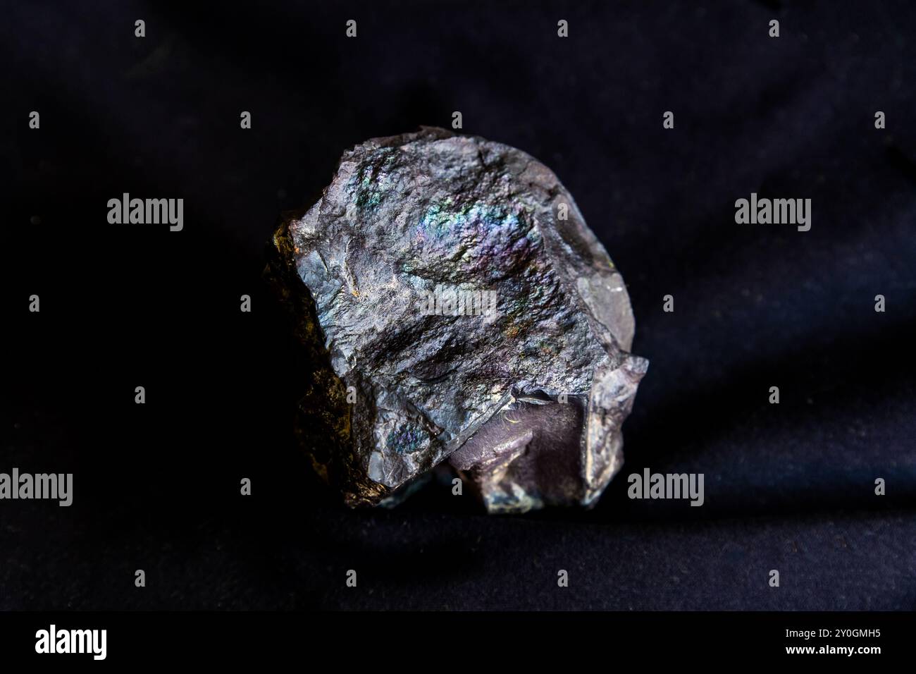A specimen of massive, tarnished bornite against a black background ...