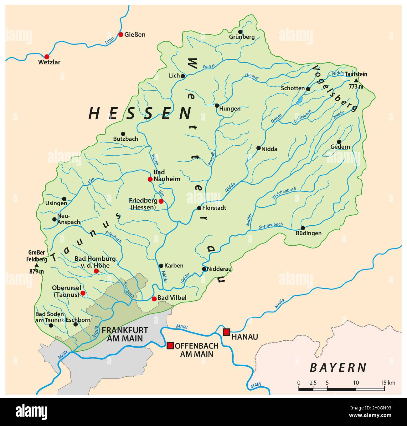 Map of the tributaries and drainage basins of the Hessian river Nidda ...